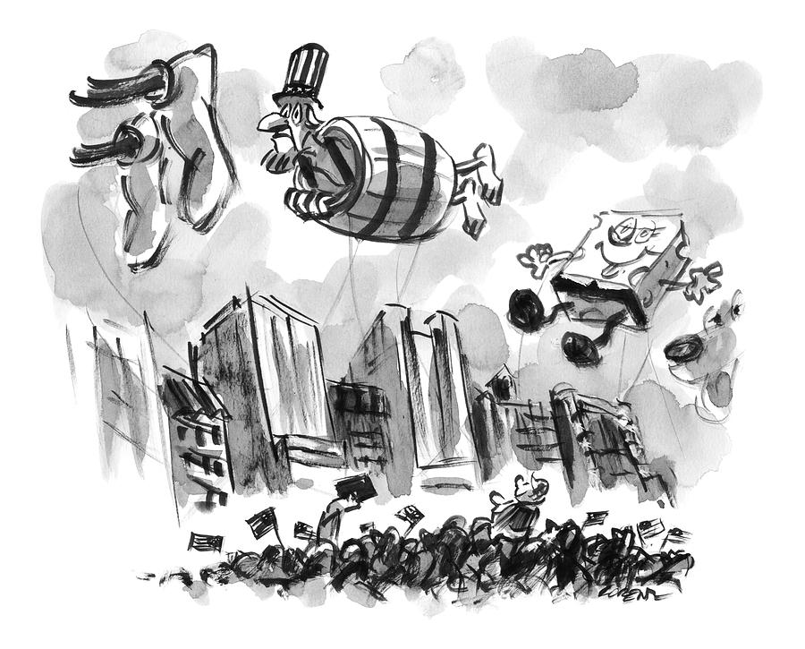 Uncle Sam In A Barrel Is A Float In A Parade by Lee Lorenz