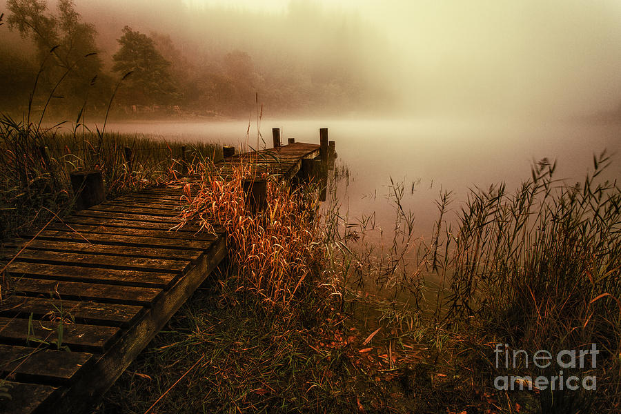 Loch Ard early morning mist Photograph by John Farnan - Metal Posters