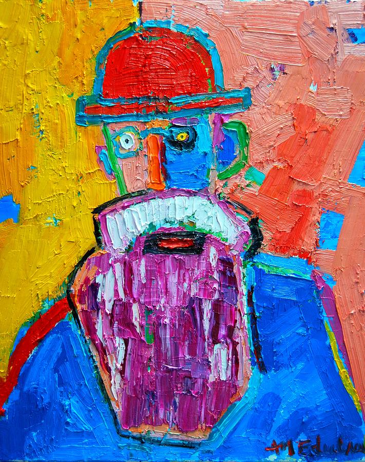Old Man With Red Bowler Hat Painting by Ana Maria Edulescu - Metal Posters