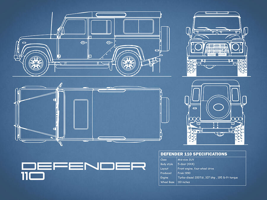 Defender 110 Blueprint Photograph by Mark Rogan - Metal Posters
