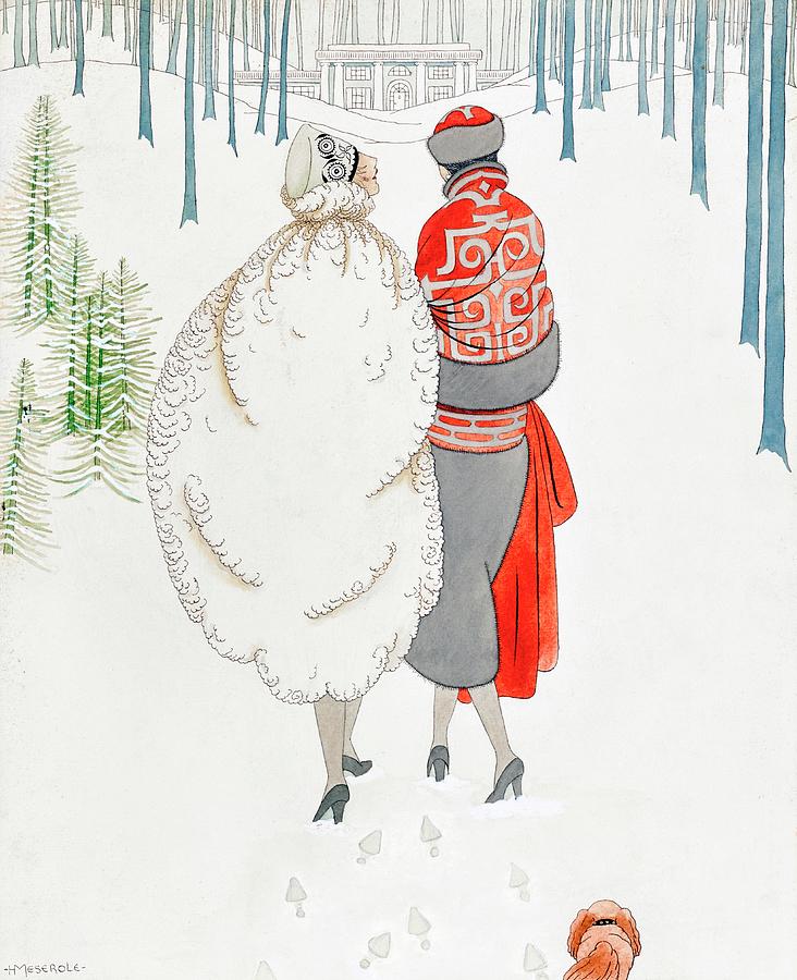 Illustration Of Women Walking Through Snowy Woods by Harriet Meserole