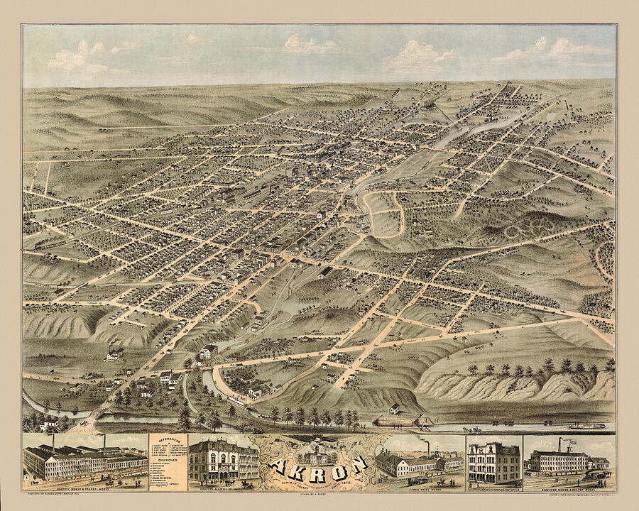 Bird's Eye View Map of the city of Akron, Ohio in 1870 by Dale Kincaid