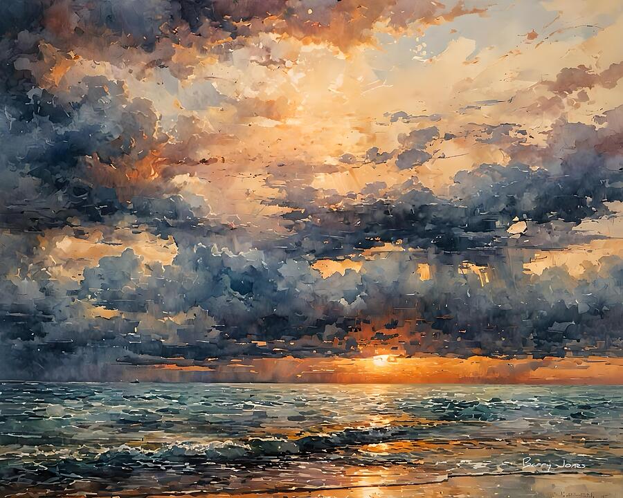 Dramatic Ocean Sunset View Painting by Barry Jones Sr - Metal Posters