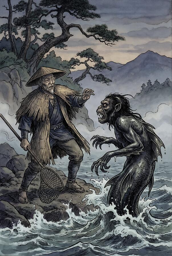 Fisherman and the Ningyo Sea Monster - Japanese Folklore Digital Art by ...
