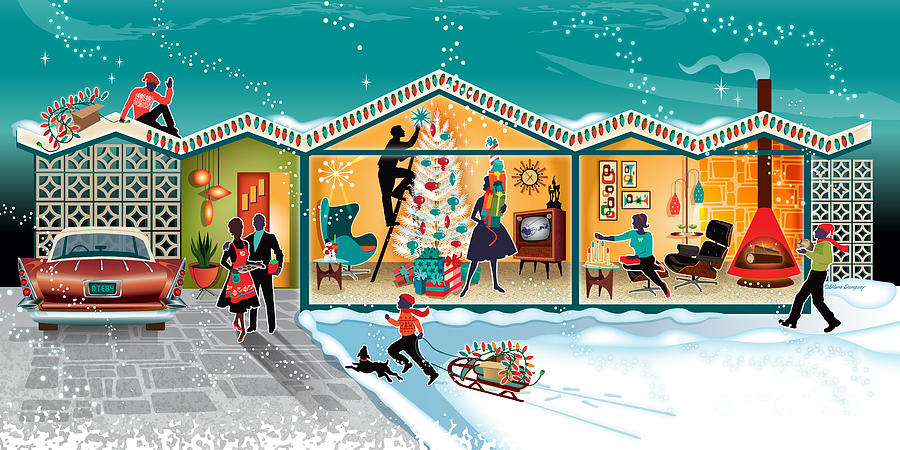 Mid Century Decorating Christmas Scene Panorama by Diane Dempsey