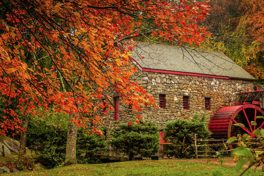 Red Waterwheel and Stonework Amid Fall Colors at Sudbury Grist M by ...