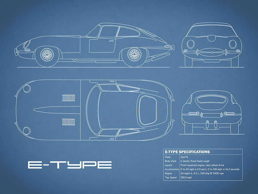 The E Type Blueprint Photograph by Mark Rogan - Metal Posters
