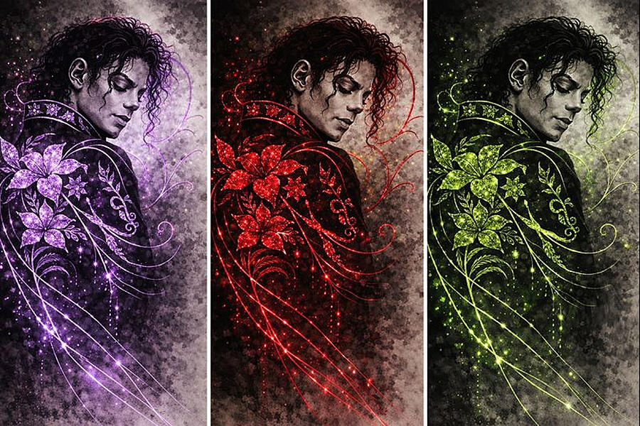Triptych of Michael Jackson with Flowers Lilac Red Green sparkle Mixed ...